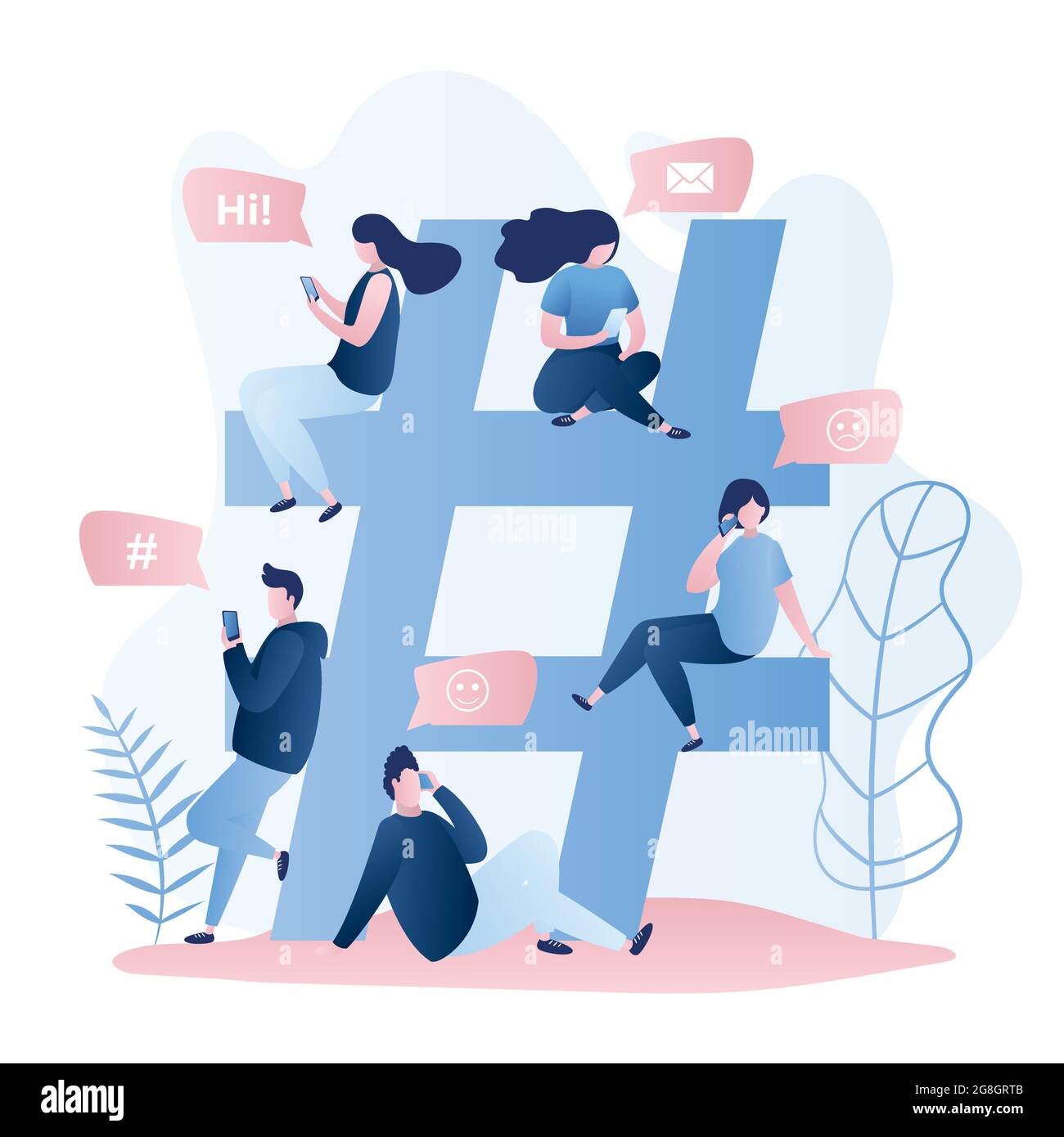 Big hashtag sign and group of cute young people with smartphones,social ...