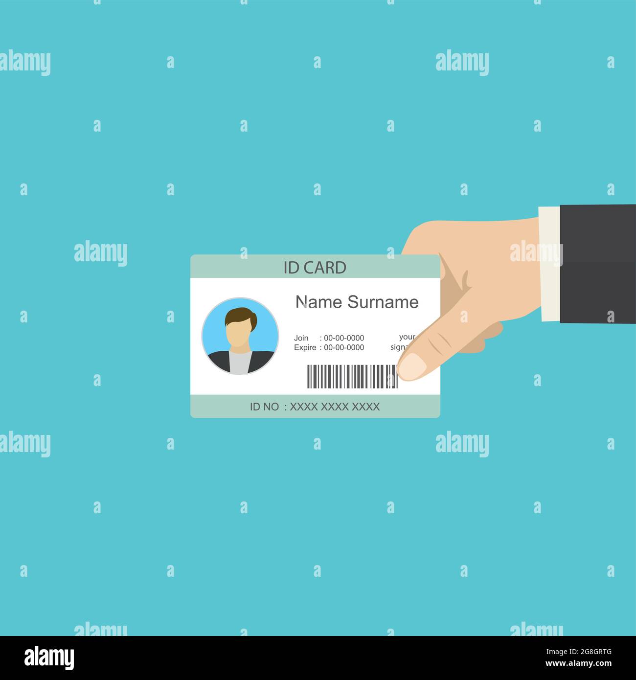 Hand holding plastic id card,flat template isolated on blue background ...