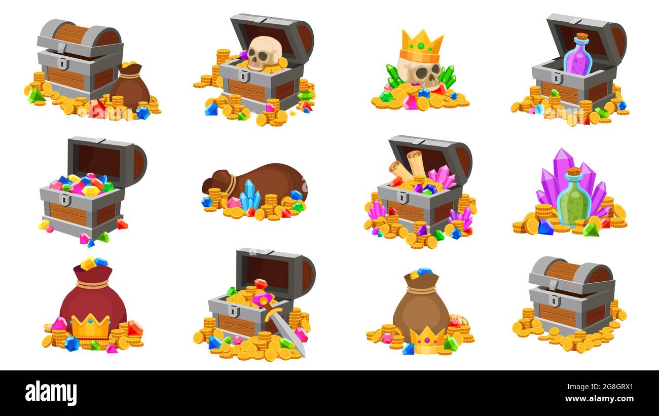 Treasure chest. Cartoon pirate coins with skull, diamonds, map and ...