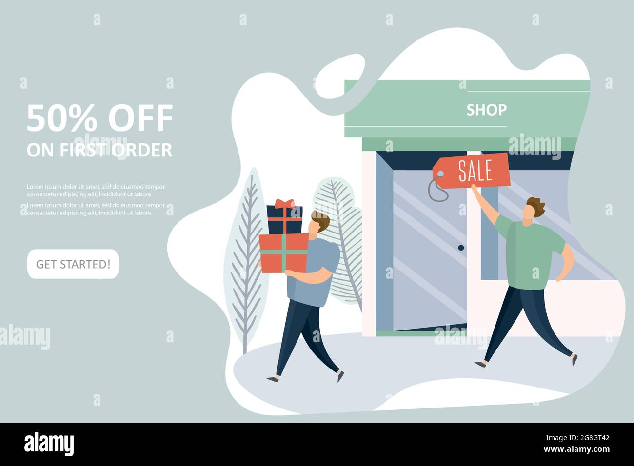 Shop storefront and two male with gifts and sale label,discount concept ...
