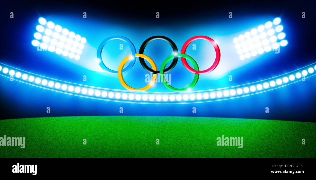 Tokyo Olympics 2020 with Glowing Lights and empty 3D Rendered Stadium ...