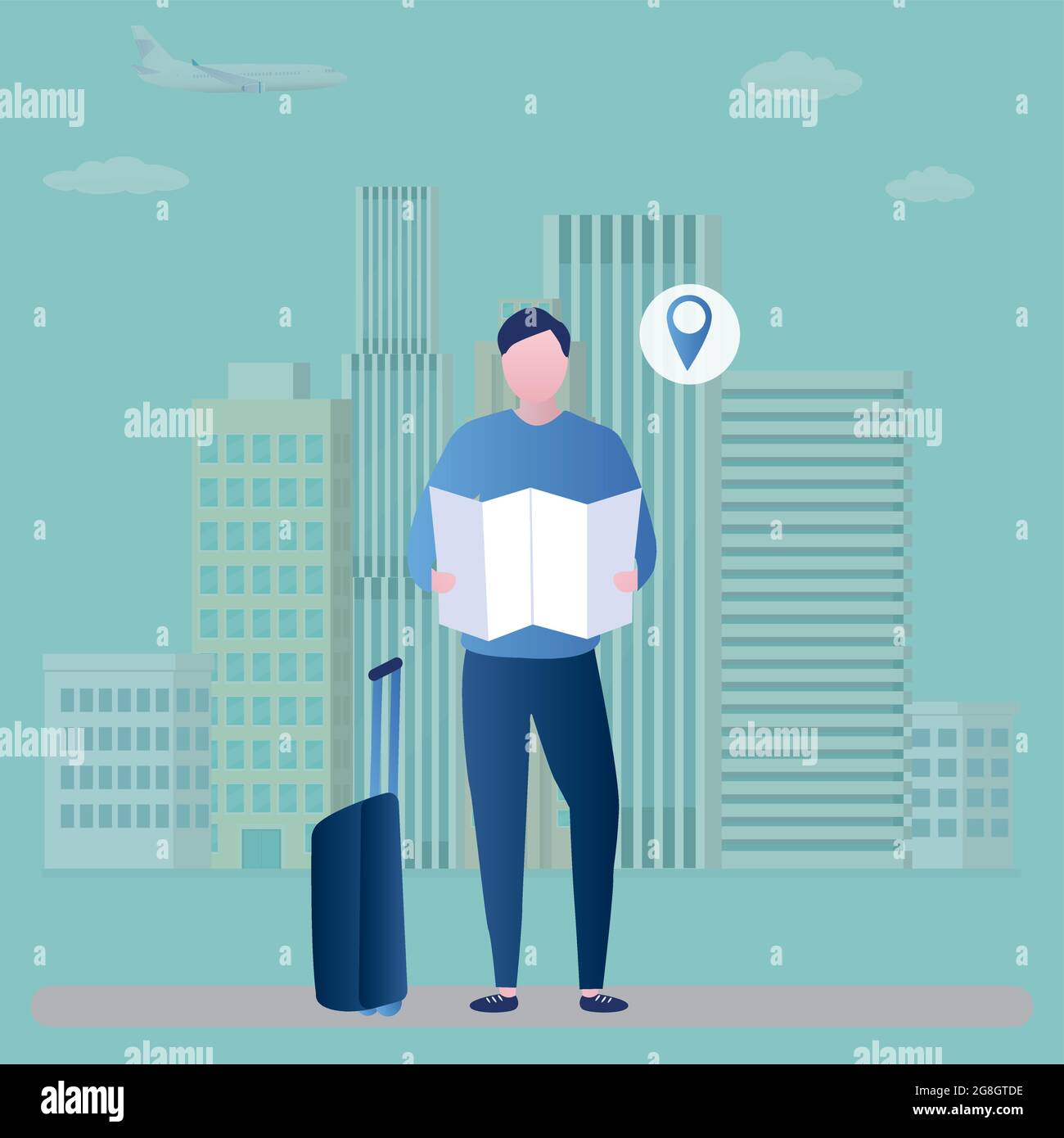 Young male traveller with suitcase and map,urban landscape on ...