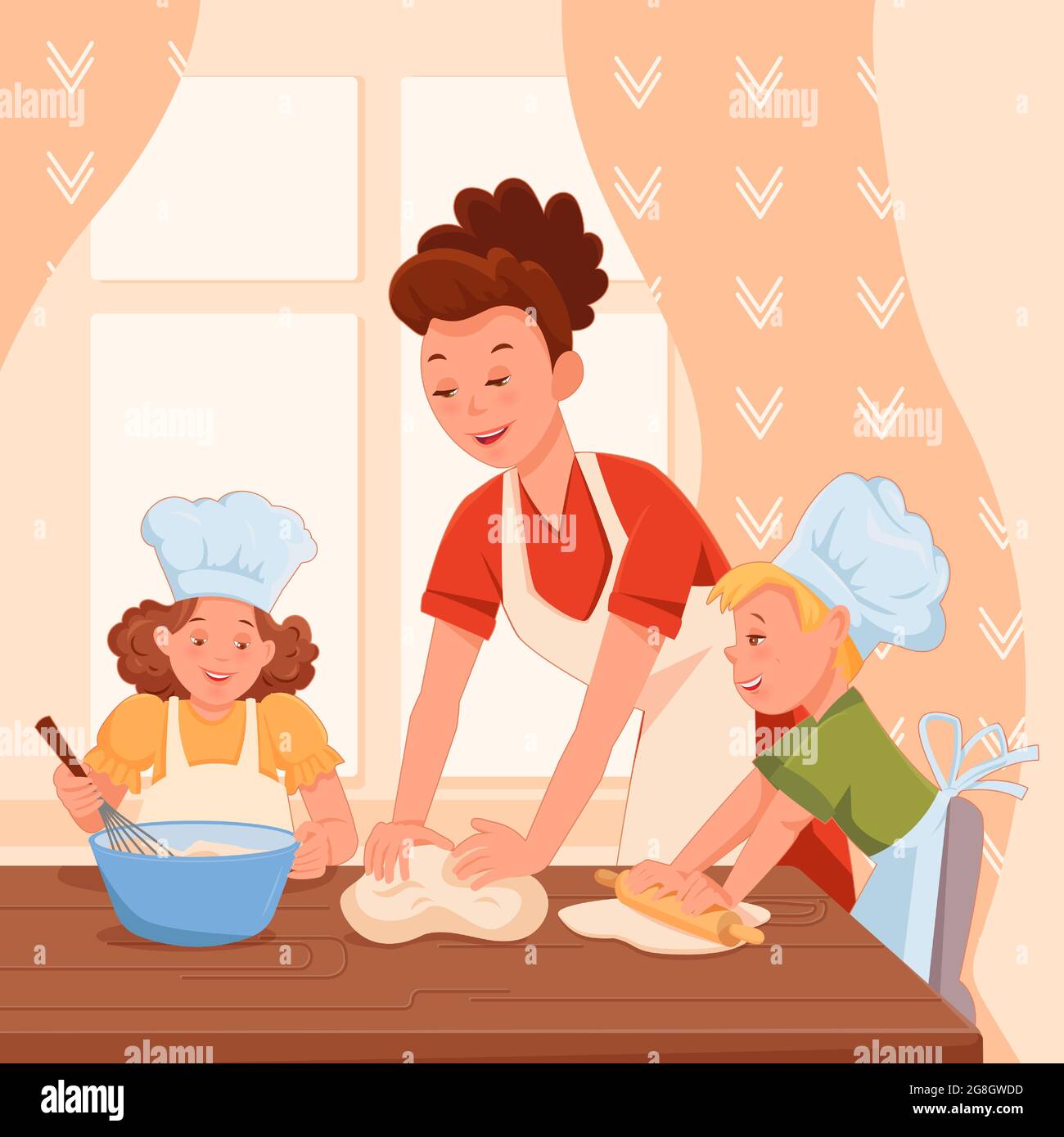 Family mom daughter and son together preparing pastries on a large ...