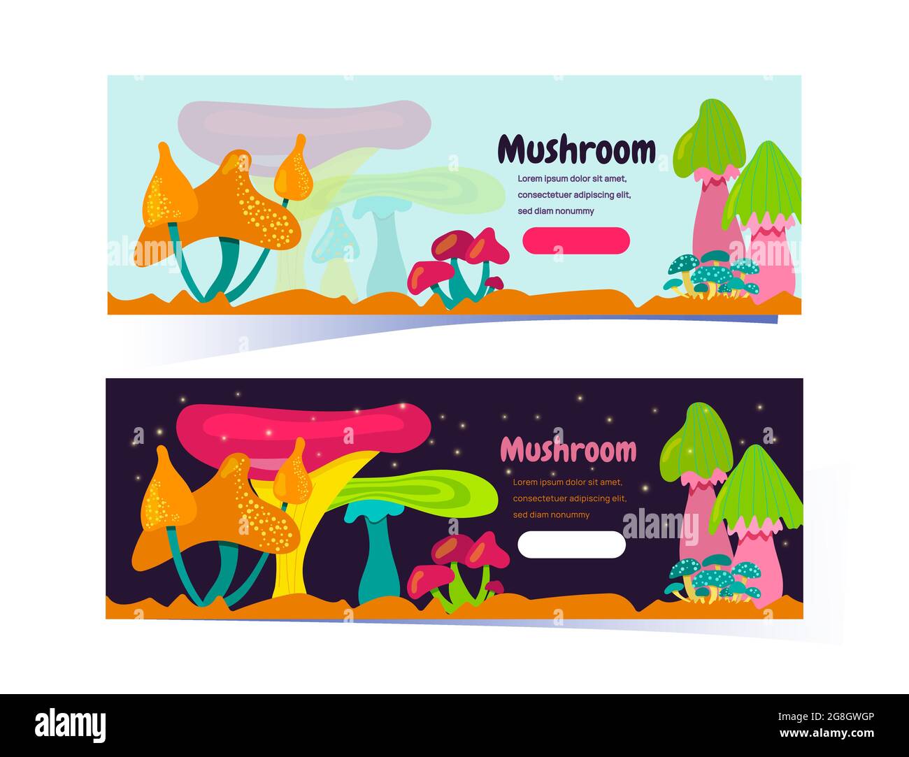 Set of horizontal banners with fantastic mushrooms. Fabulous or space ...