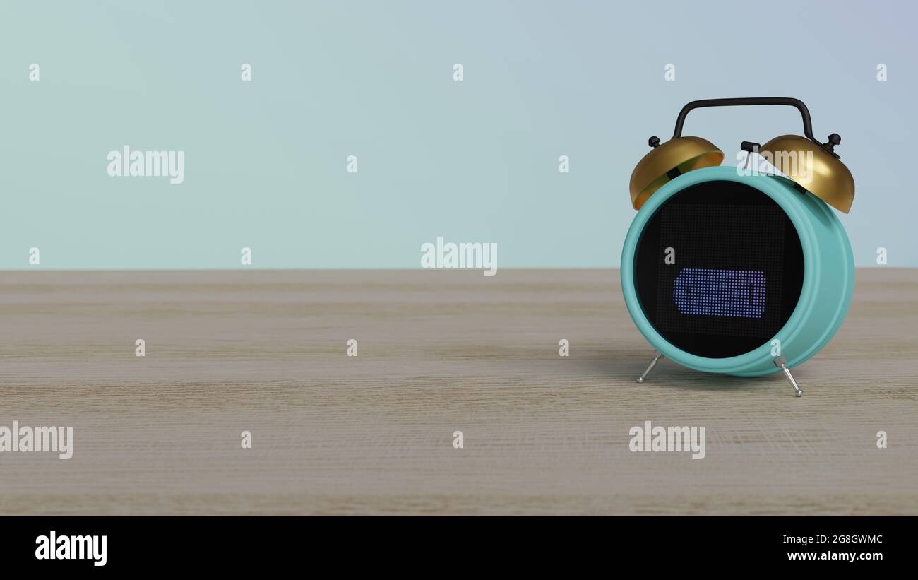 3d rendering of color alarm clock with horizontal symbol of battery ...