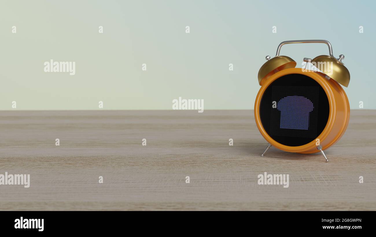 3d rendering of color alarm clock with symbol of slice of toast bread ...