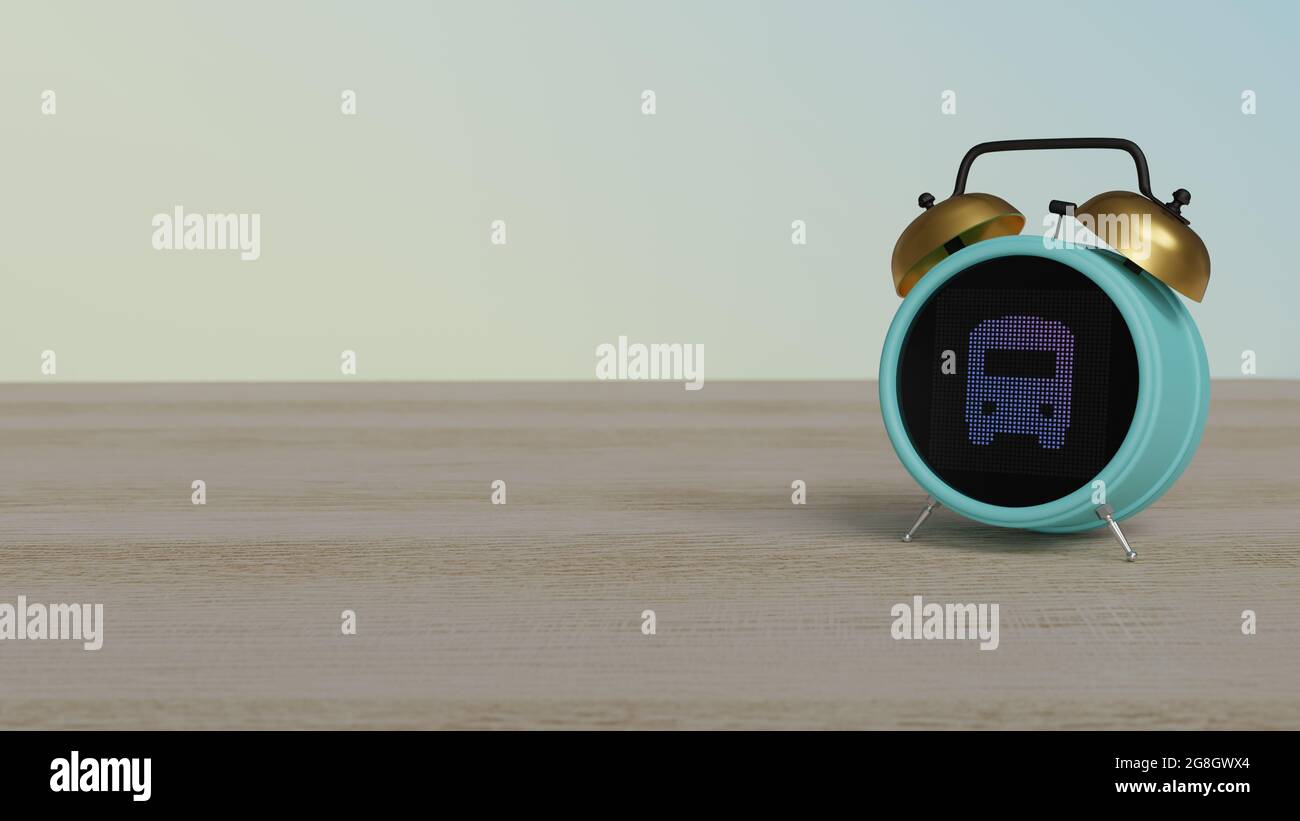 3d rendering of color alarm clock with symbol of front view of a bus on ...