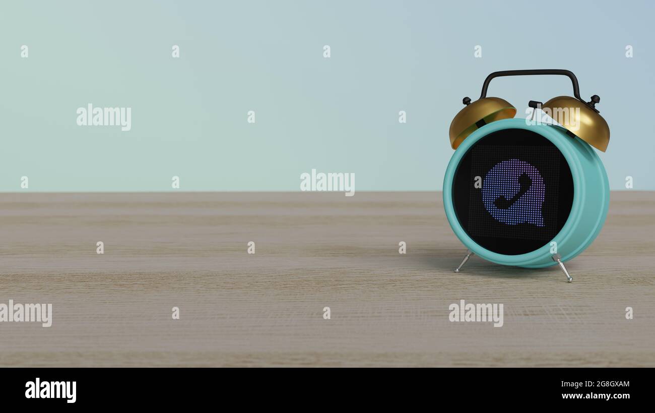 3d rendering of color alarm clock with symbol of communication bubble ...