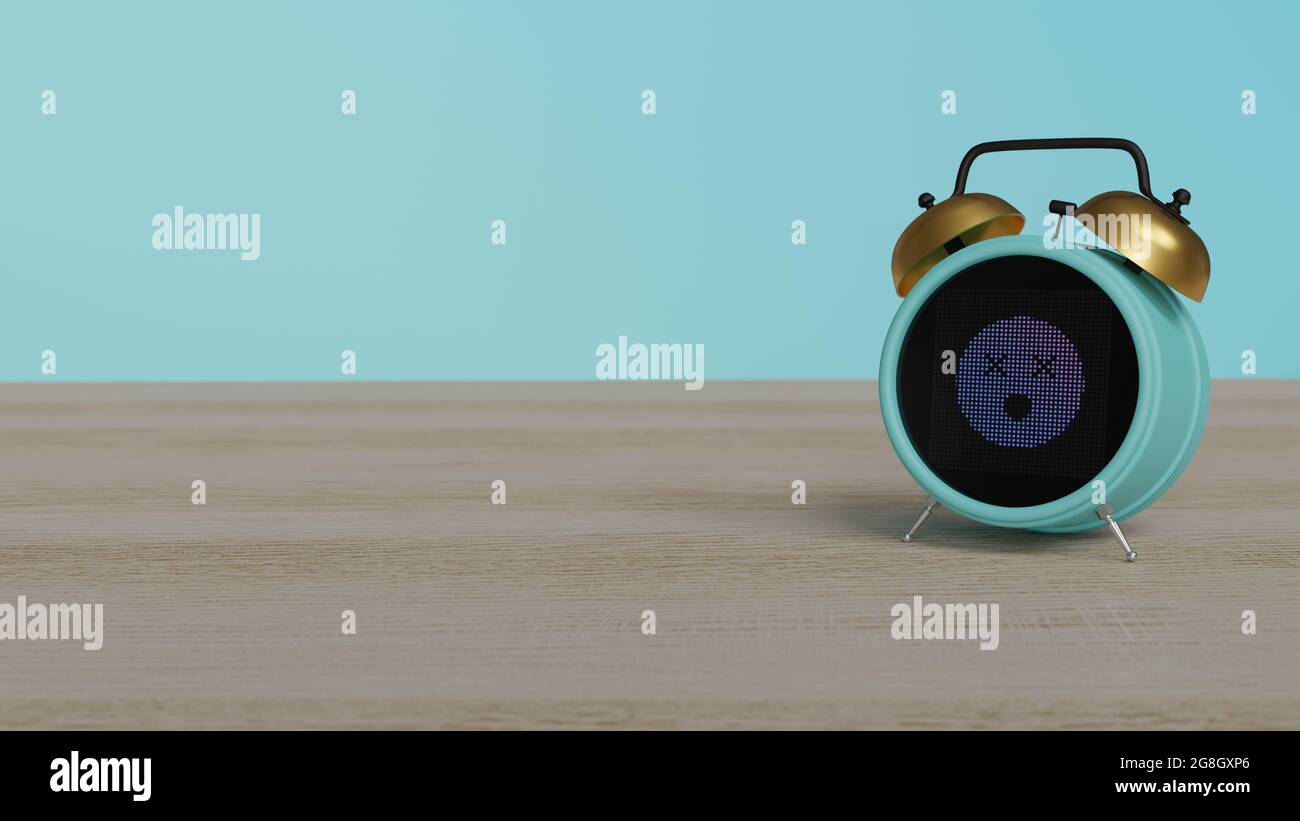 3d rendering of color alarm clock with symbol of dizzy emoticon on dot ...