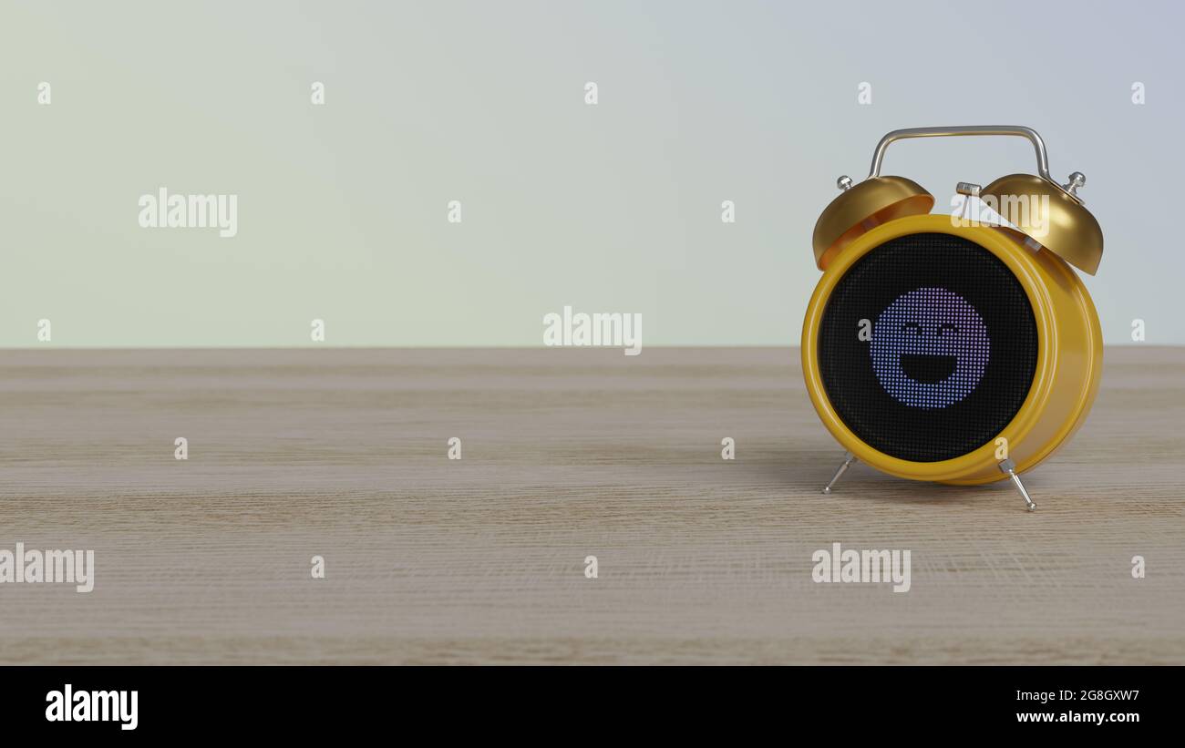 3d rendering of color alarm clock with symbol of goofy emoticon on dot ...