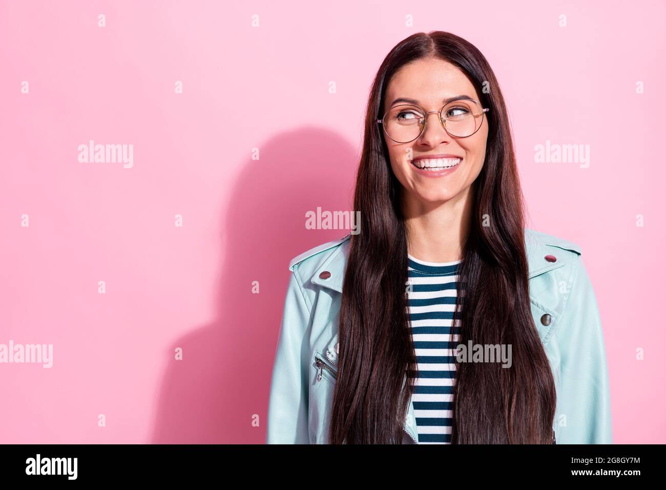 Photo of pretty positive young woman look stand empty space dream ...