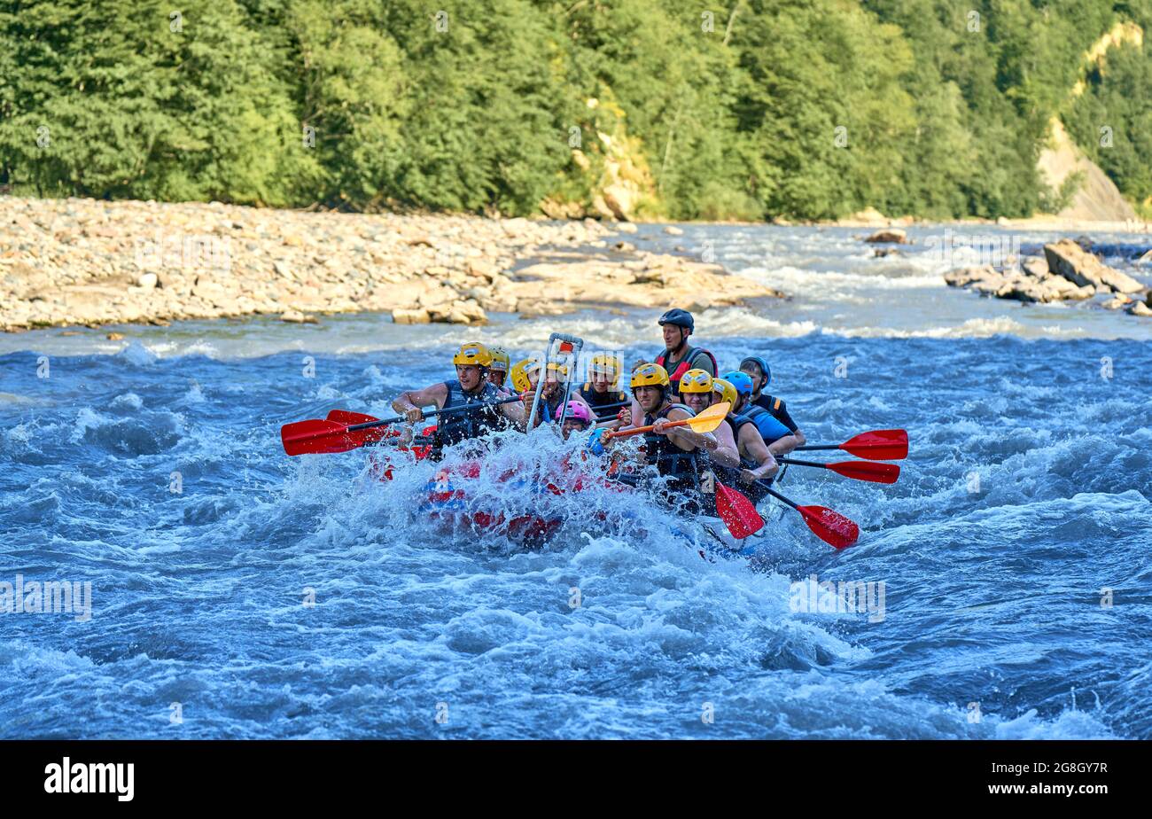 rafting on a large boat on a mountain river Stock Photo - Alamy