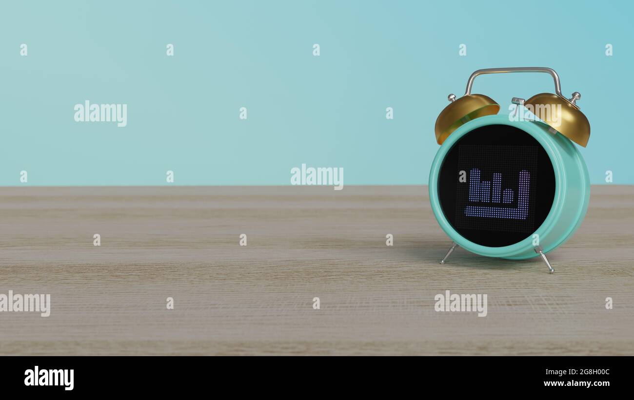 3d rendering of color alarm clock with symbol of column chart on dot ...