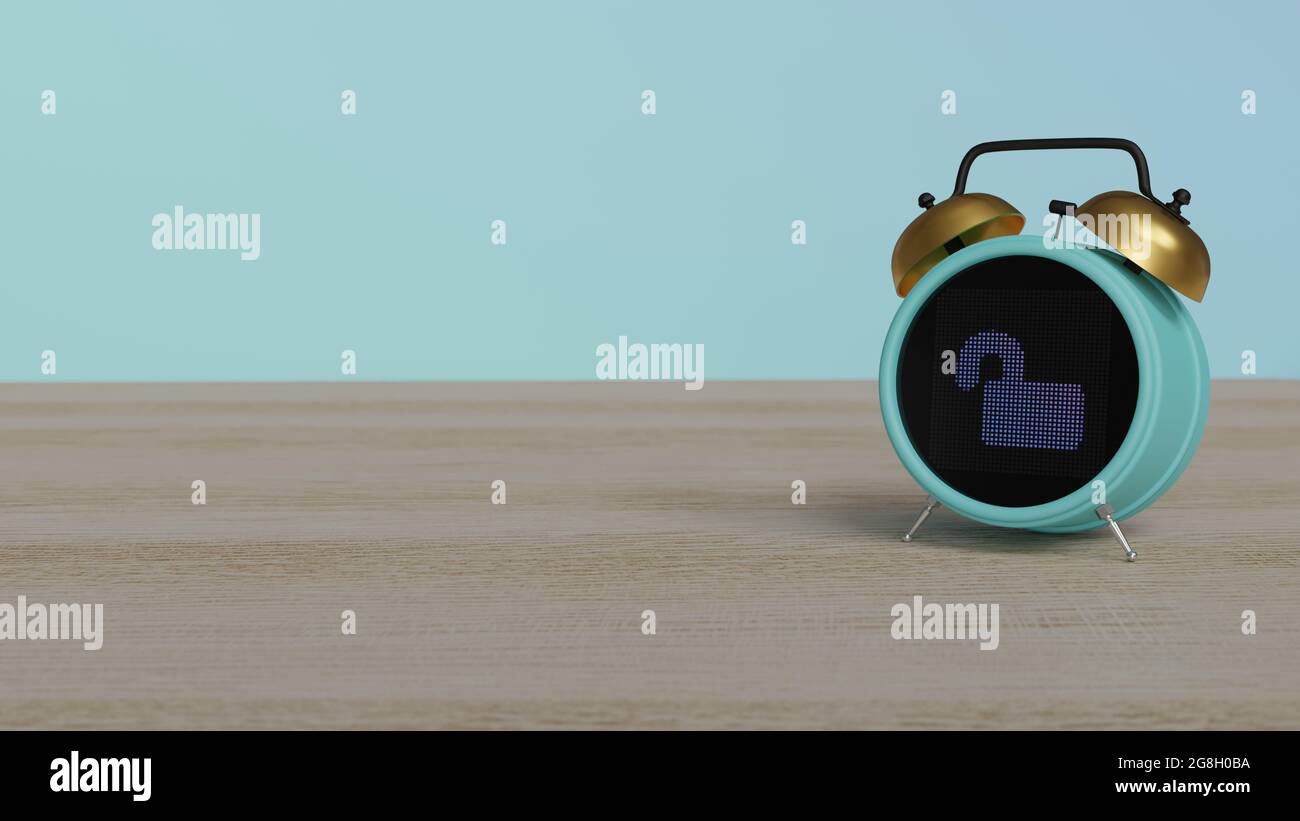 3d rendering of color alarm clock with symbol of lock open on dot ...