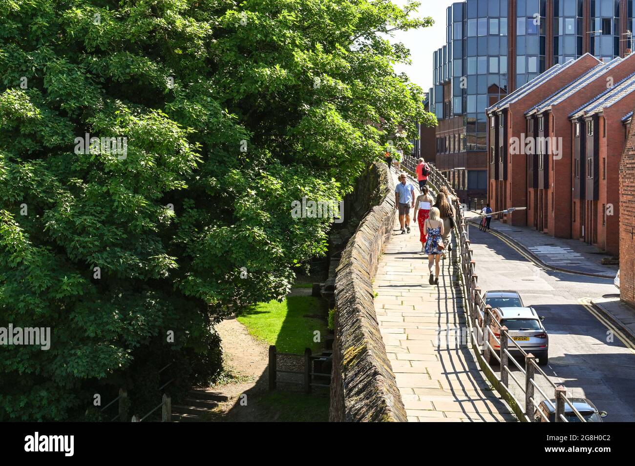 Chester, England - July 2021: Visitors walking on an elevated section ...