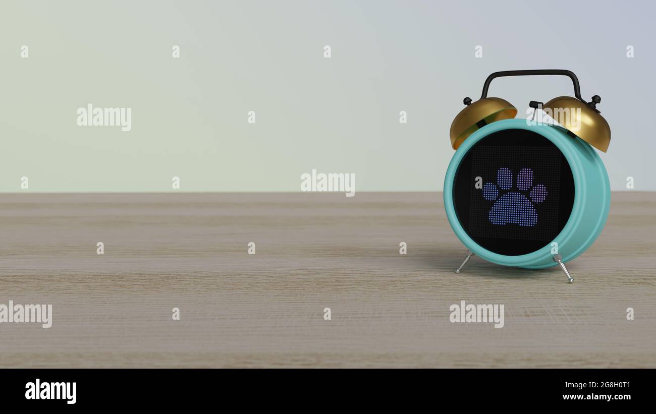 3d rendering of color alarm clock with symbol of animal paw on dot ...