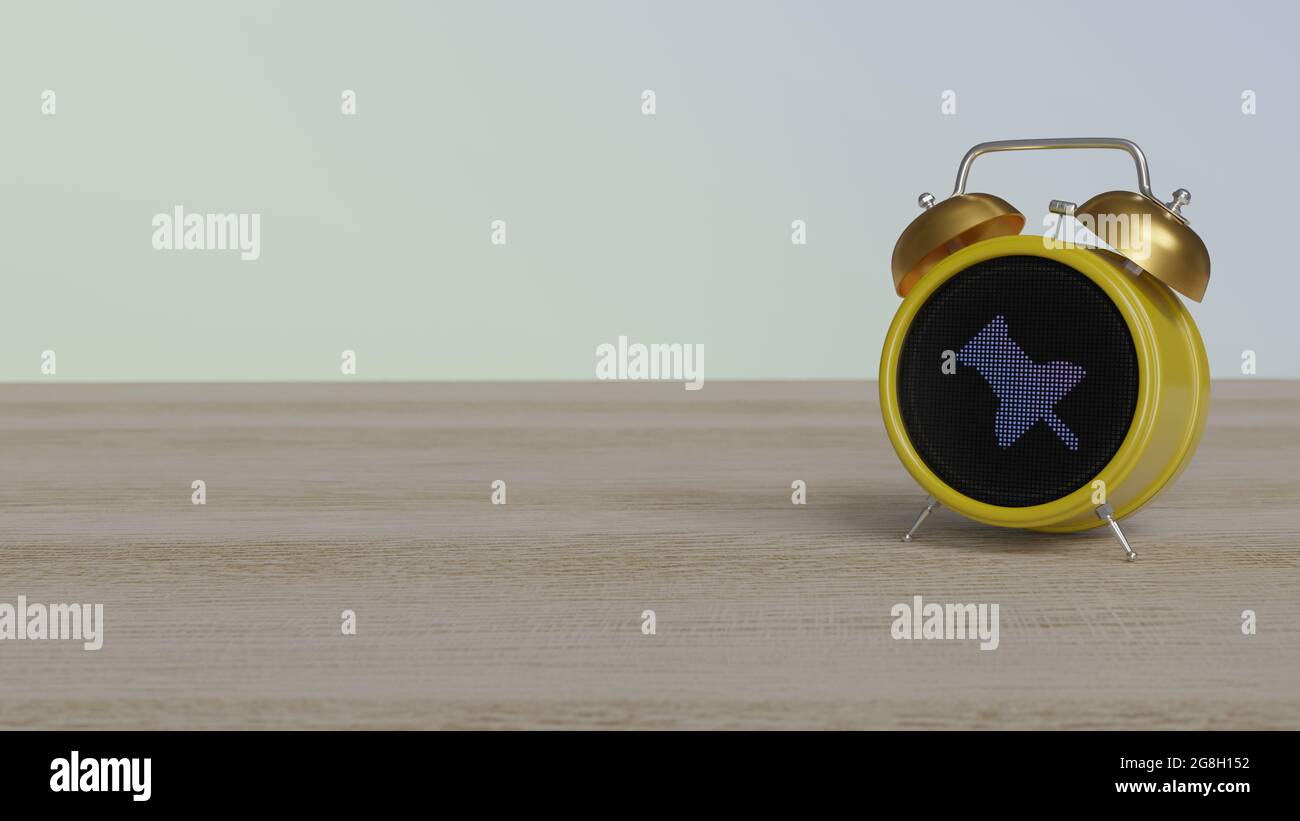 3d rendering of color alarm clock with symbol of push pin on dot ...