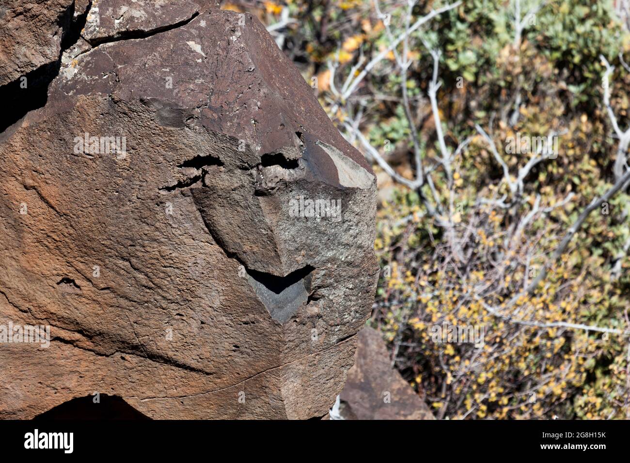 Erosion and cracks with bright sunshine create a smiling face in a ...