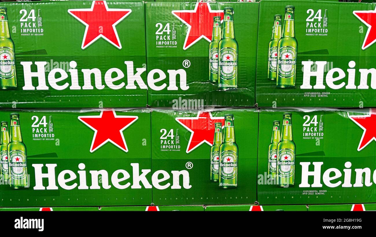 Orlando, FL USA - July 16, 2021: Cases of Heineken Bottle Beer at a ...