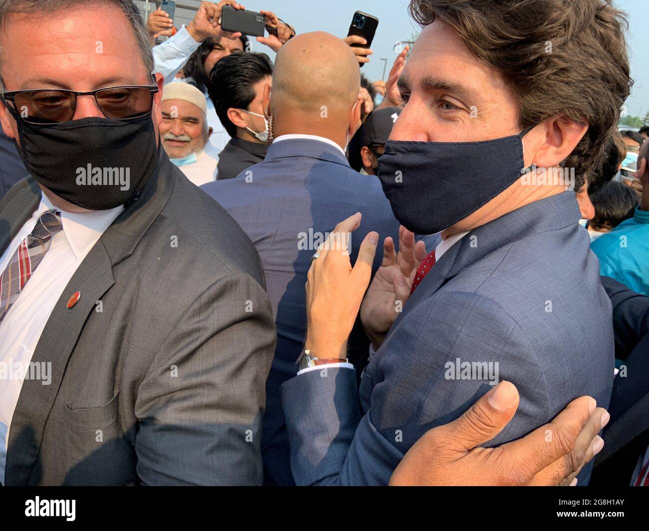 HAMILTON, Ontario, Canada - July 2021: Justin Trudeau struggles to get ...