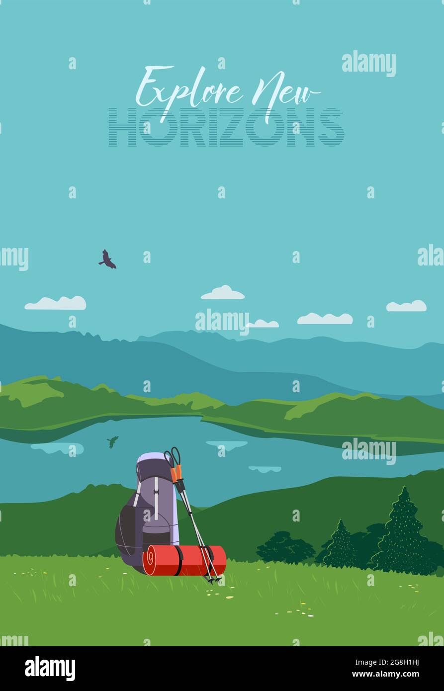 Tourist mountain hiking flat color vector poster. Outdoor hike in wild ...