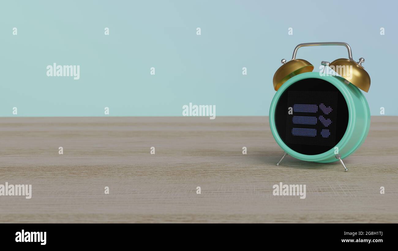 3d rendering of color alarm clock with symbol of three lines and check ...
