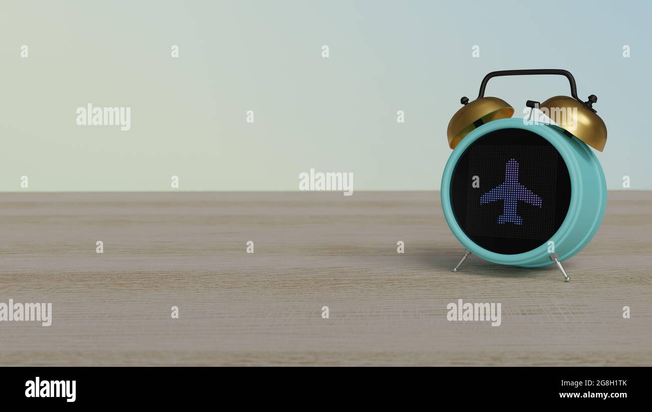 3d rendering of color alarm clock with symbol of airplane from top view ...