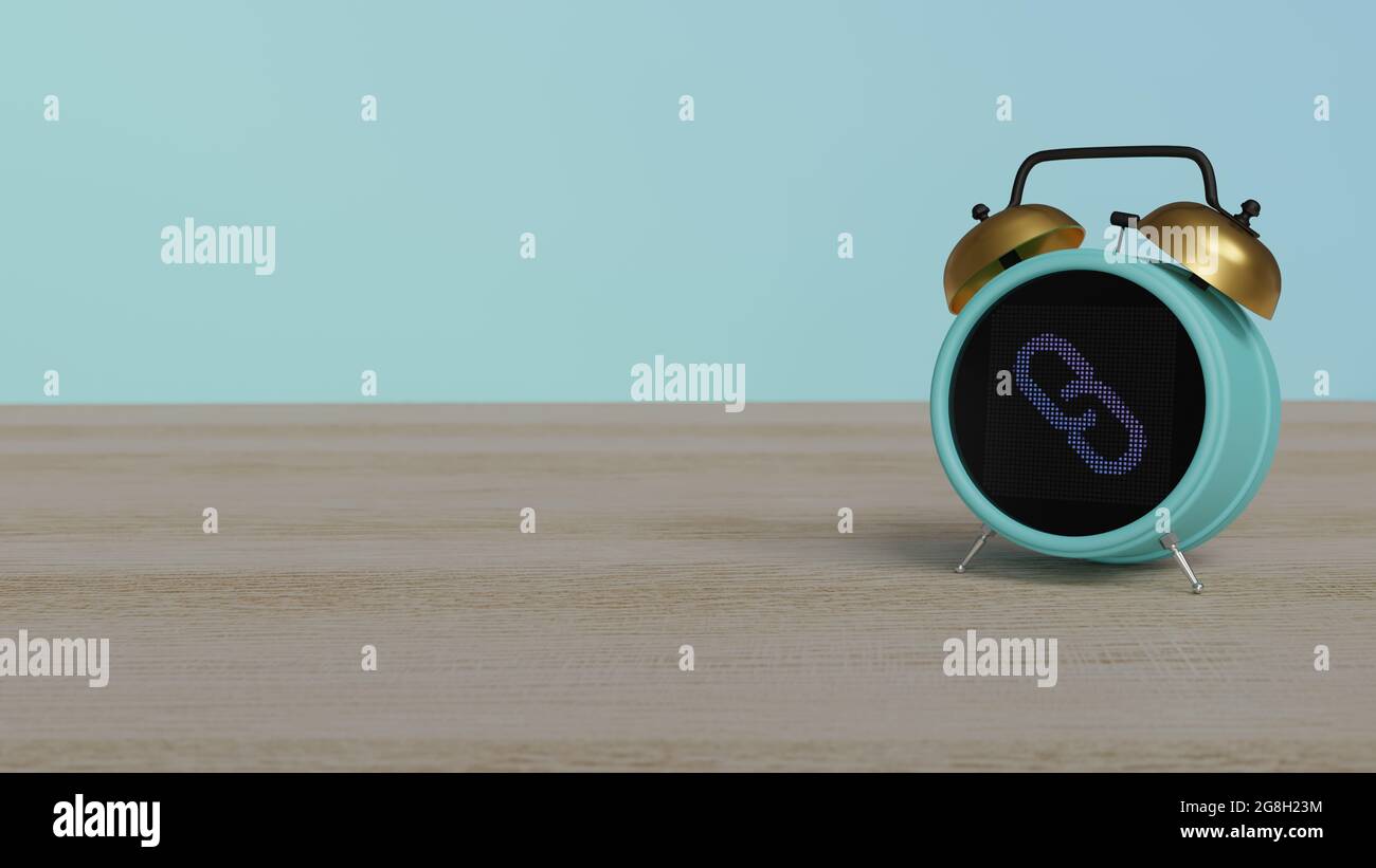 3d rendering of color alarm clock with symbol of two thin chain links ...