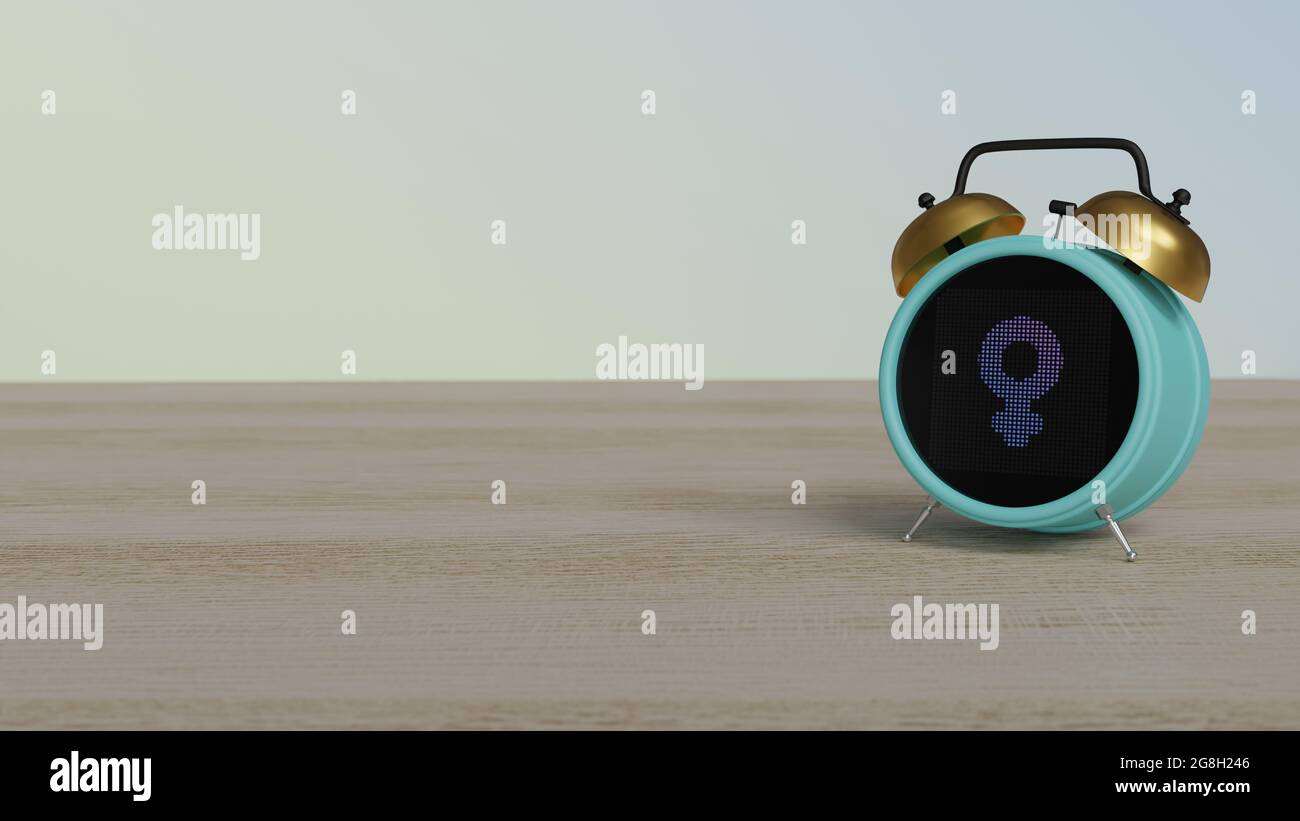 3d rendering of color alarm clock with symbol of woman sign on dot ...