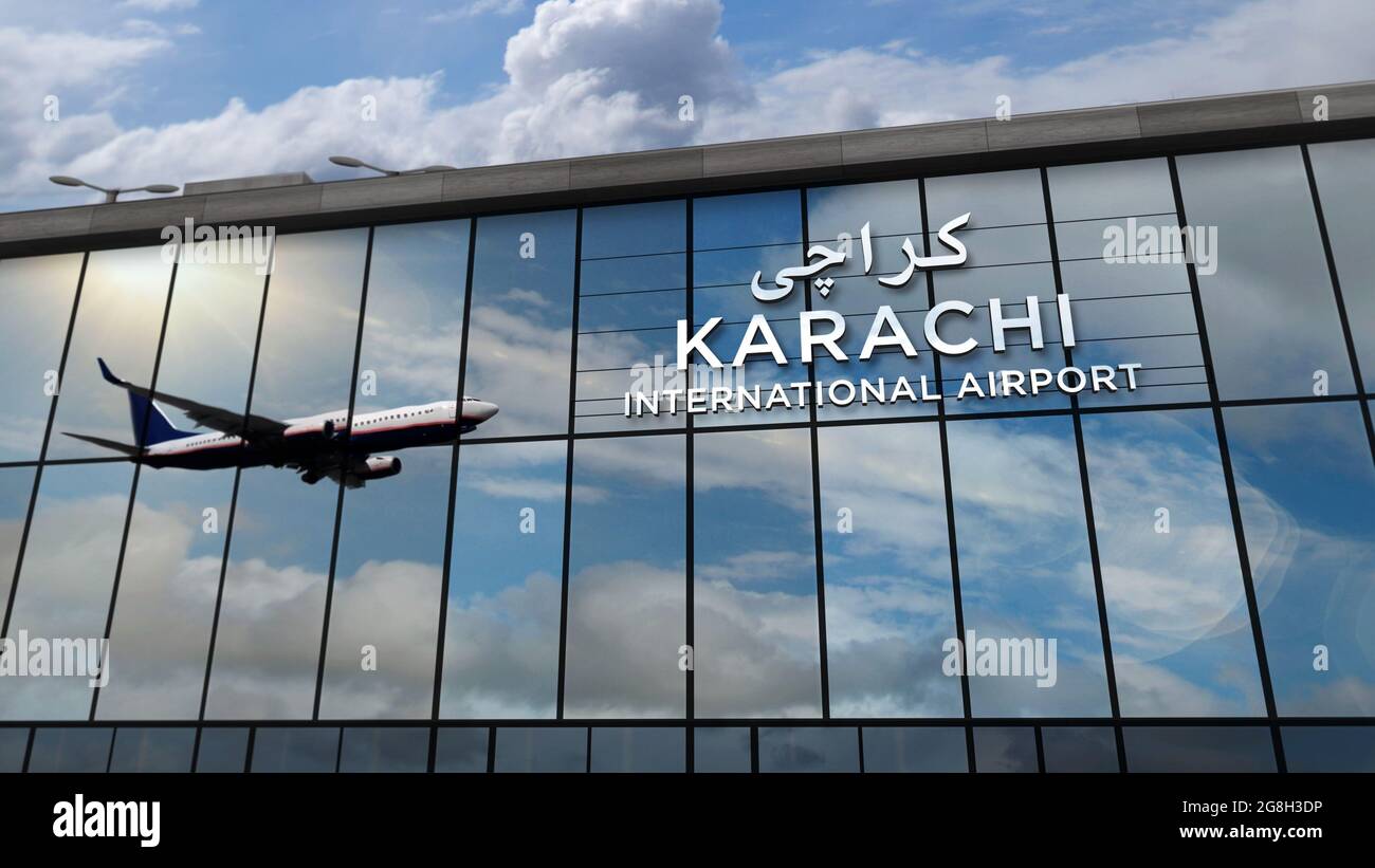 Aircraft landing at Karachi, Pakistan 3D rendering illustration ...