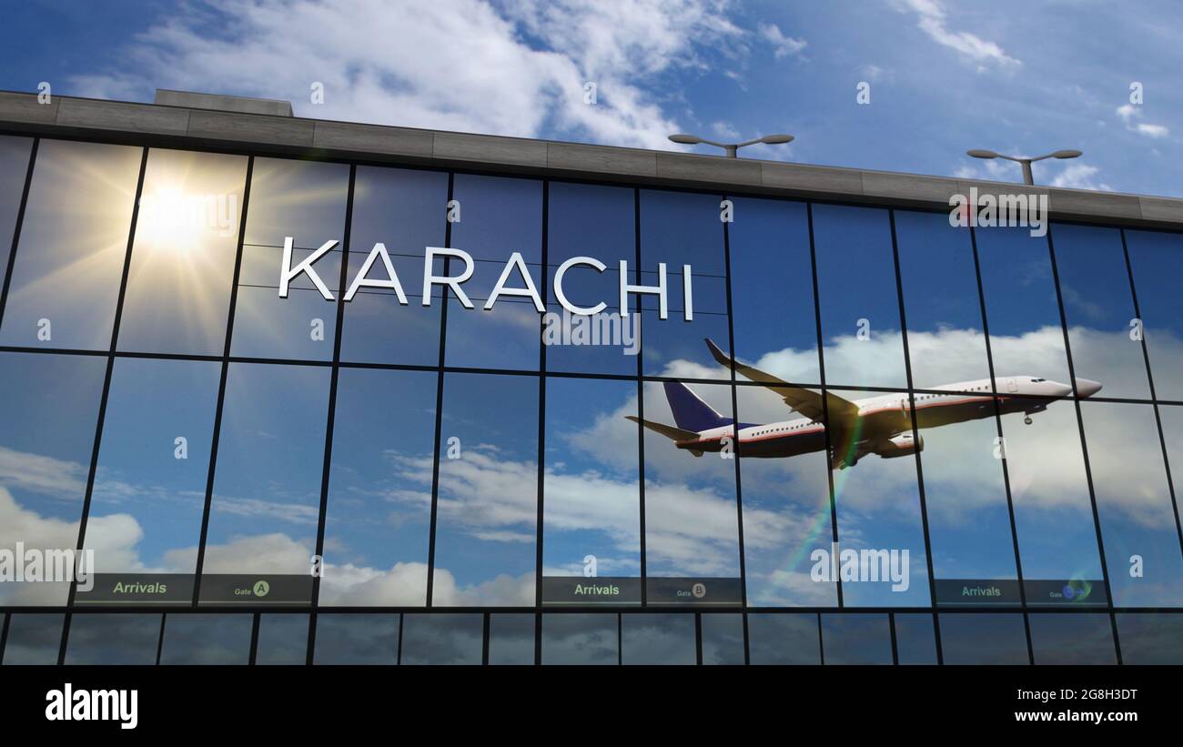 Aircraft landing at Karachi, Pakistan 3D rendering illustration ...