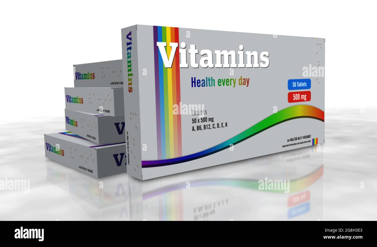 Vitamin tablets box. Health supplement pills pack factory. Abstract ...
