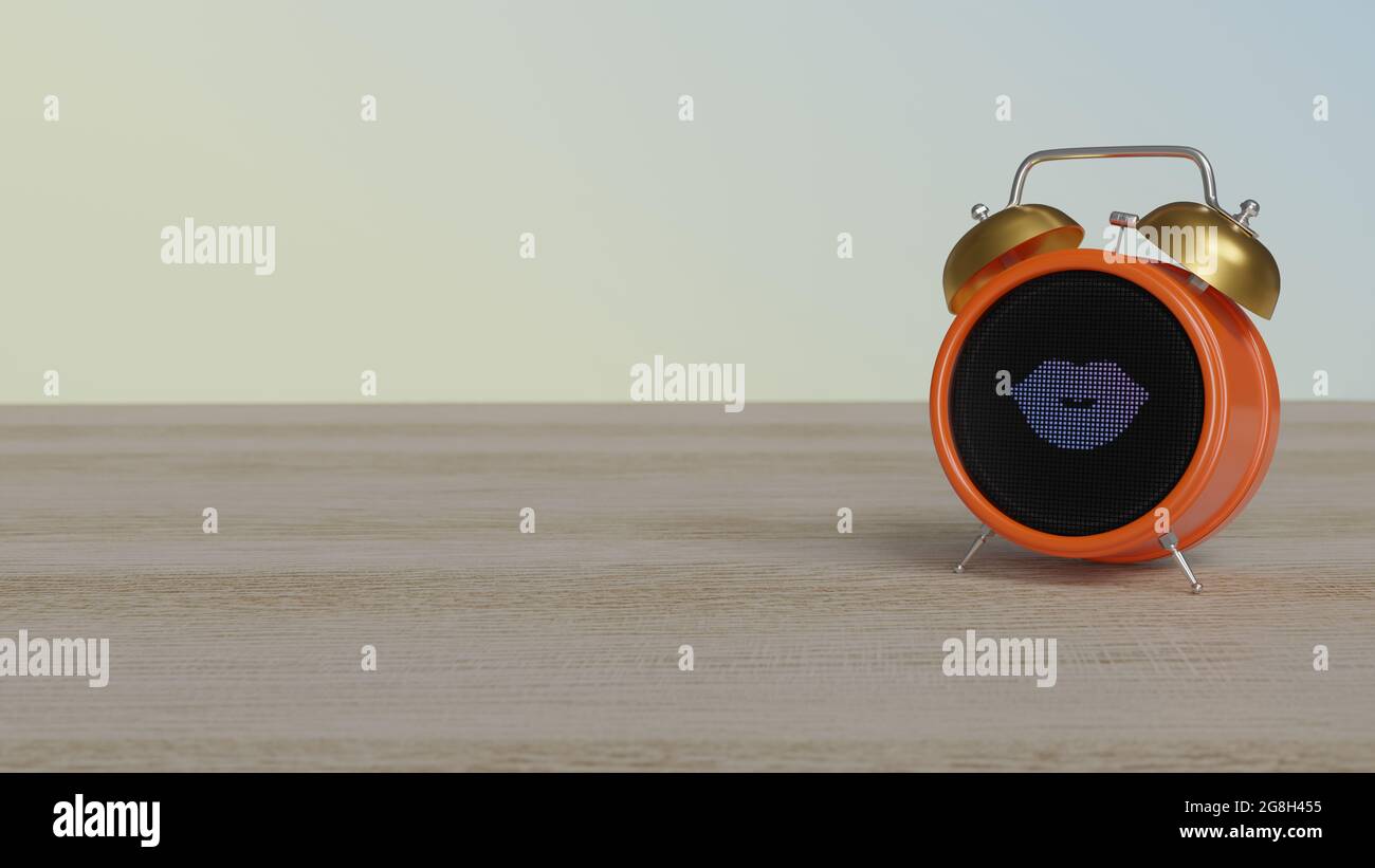 3d rendering of color alarm clock with symbol of smile lips for kiss on ...