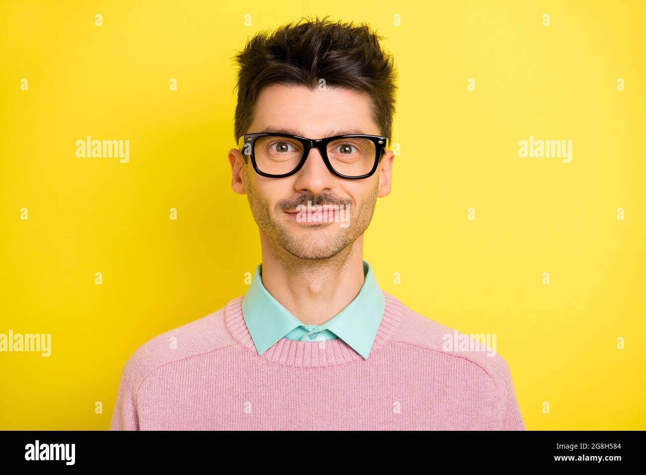 Photo of young handsome man happy positive smile confident wear glasses ...