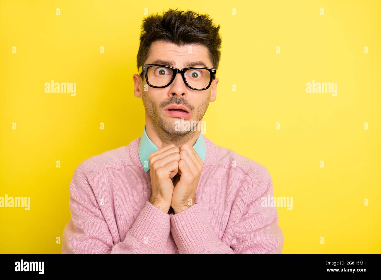Photo of young worried anxious scared stressed depressed man in glasses ...