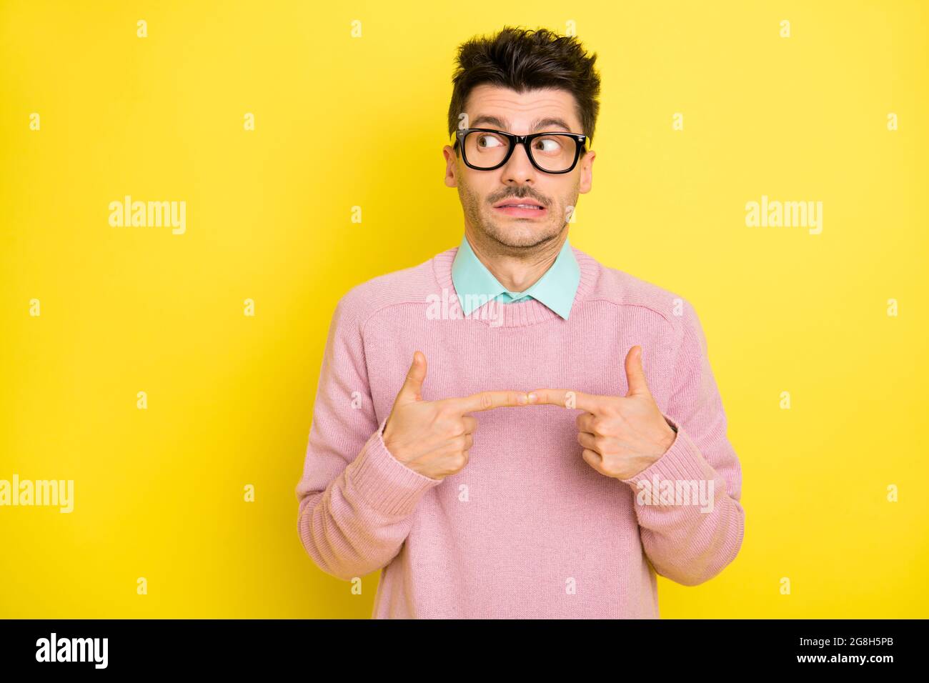 Photo of young unhappy upset worried scared guilty man in glasses look ...