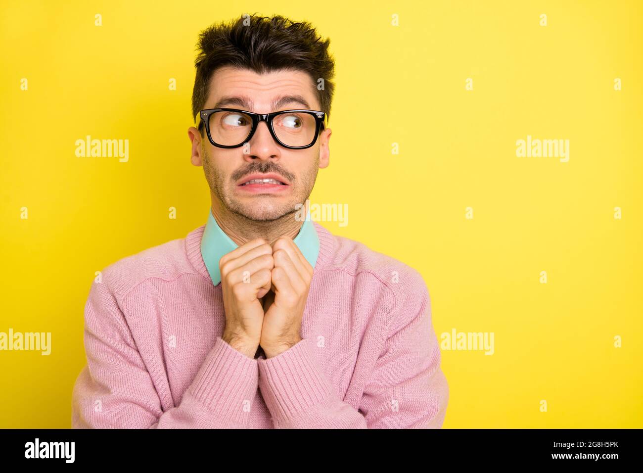 Photo of young man afraid scared nervous worried fail look empty space ...
