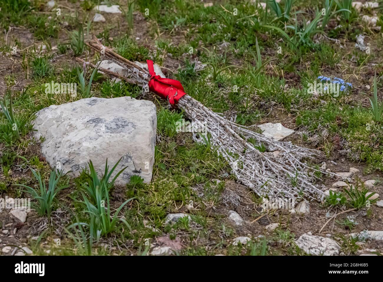 Prayer offering of scented sage bundle left by Native Americans at the ...