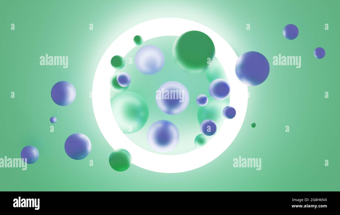 3D illustration of multiple floating spheres and a round shiny frame ...