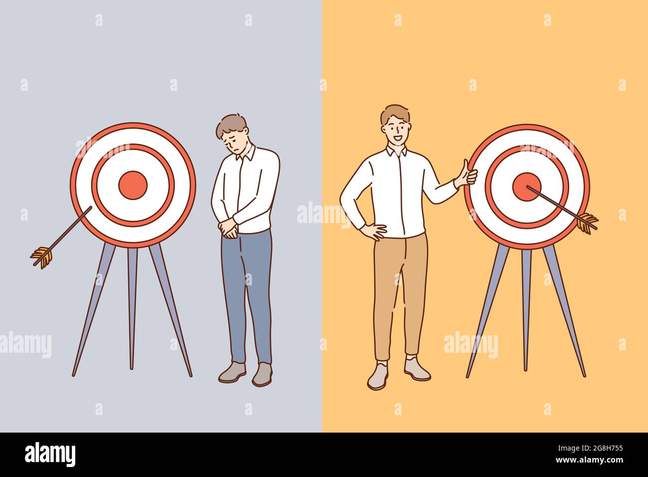 Business success and failure concept. Young smiling positive and sad ...