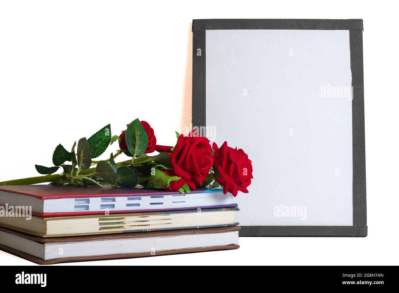 Closeup of red roses on a stack of notebooks next to a blank picture on ...