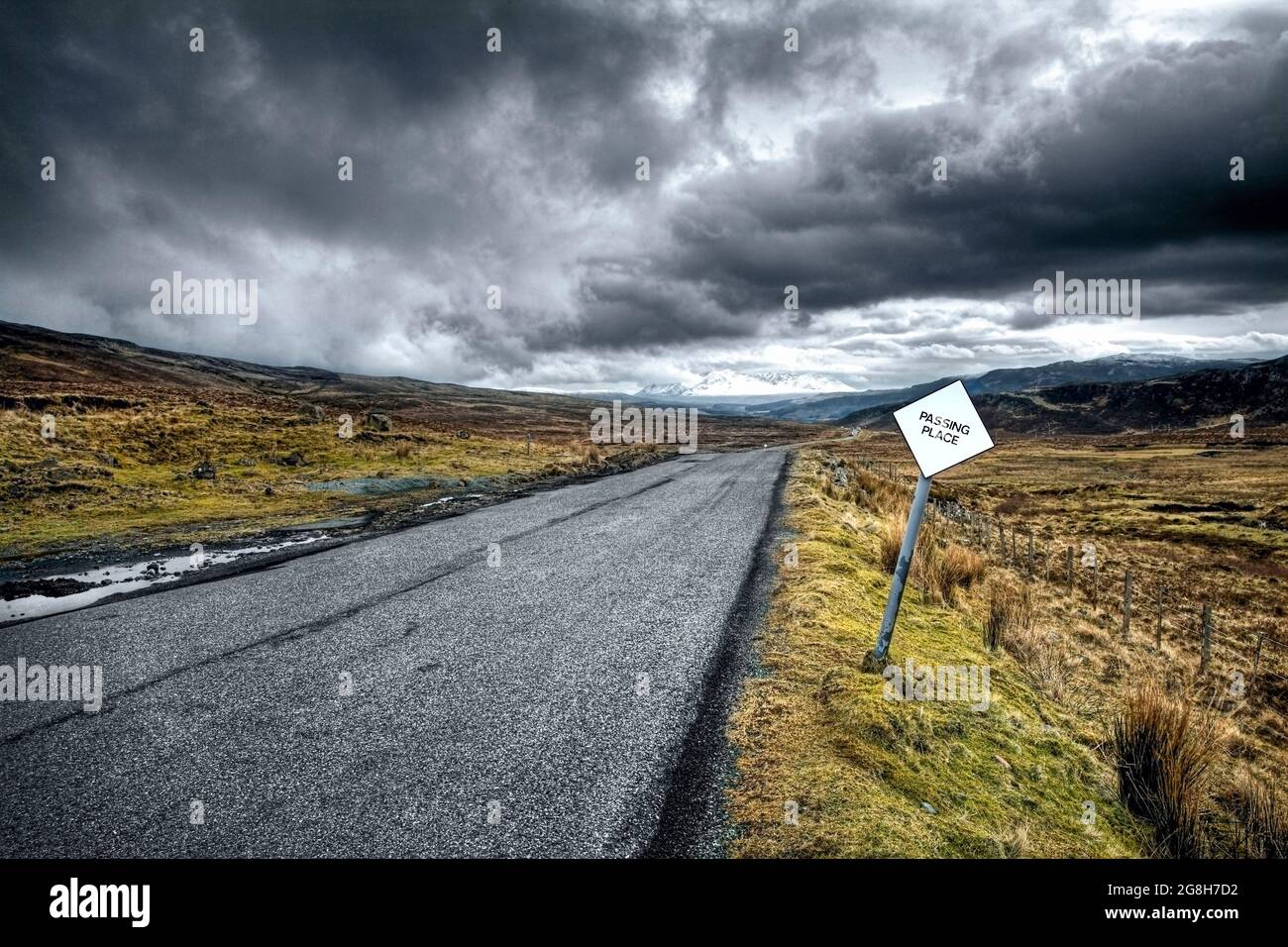 Rural, countryside narrow motorway in Scotland with "Passing Place ...