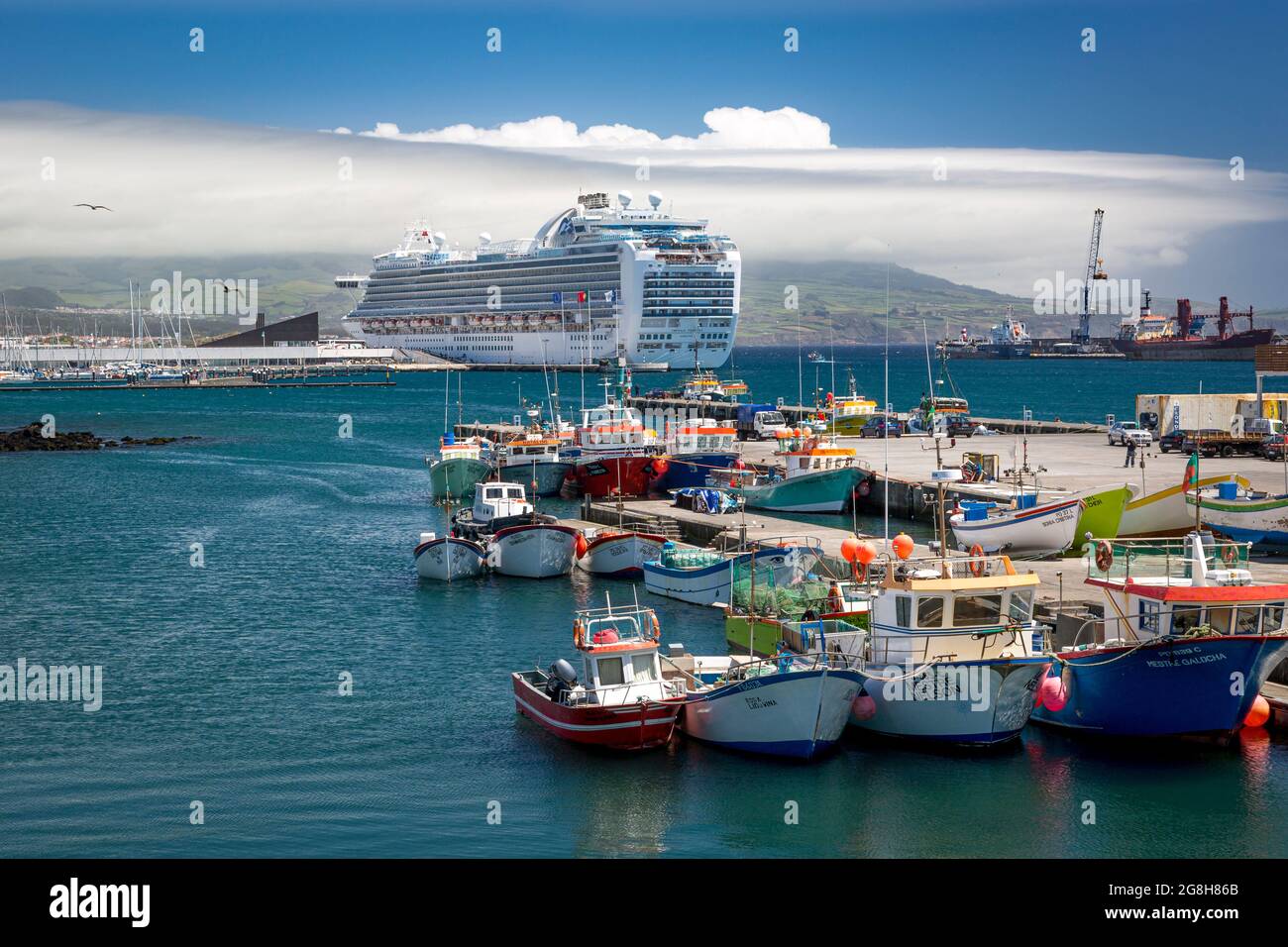 Fishing boats with Princess Cruise ship beyond, Sao Miguel Island ...