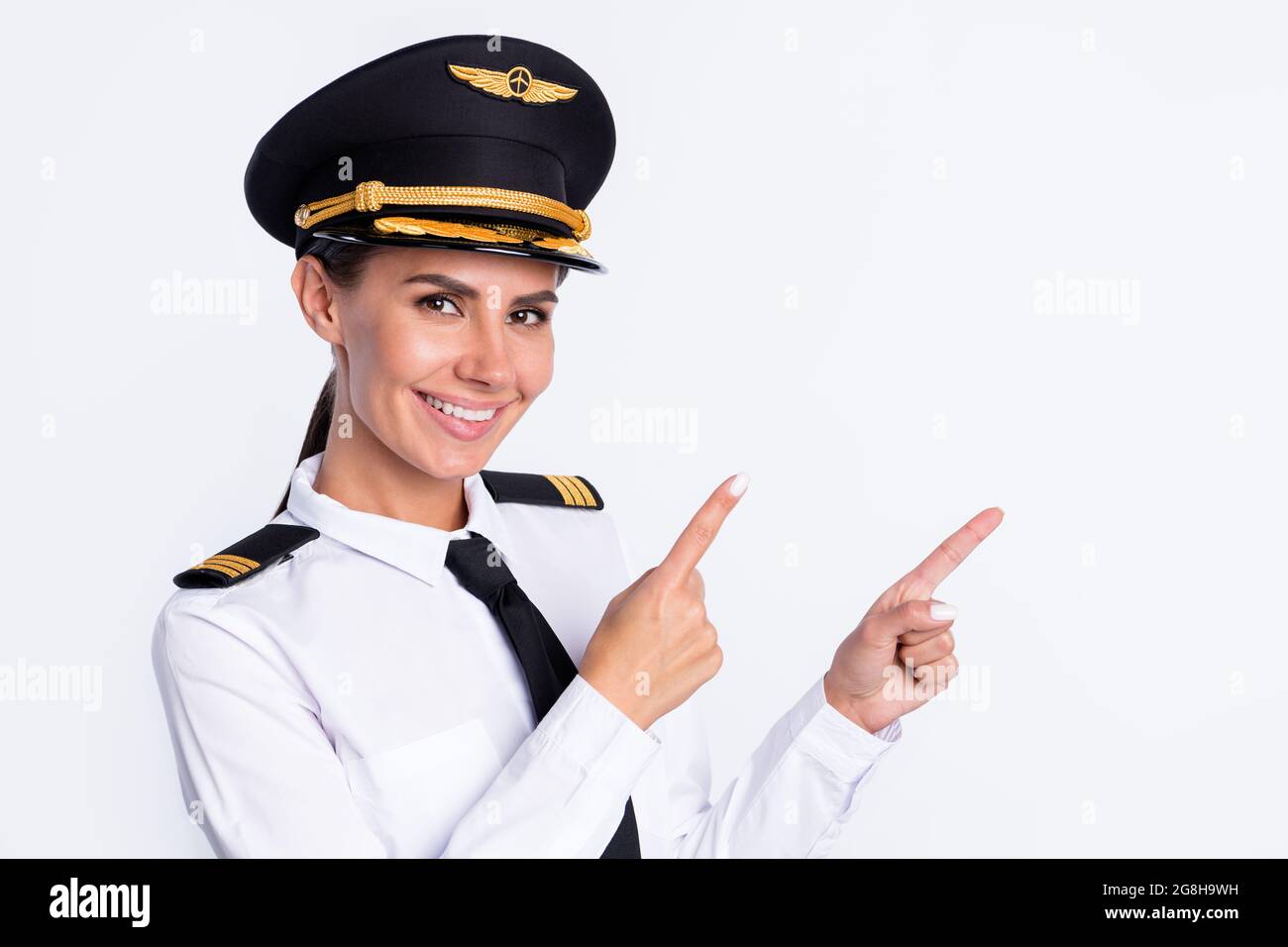 Photo of lady indicate fingers empty space shiny smile wear hat aviator ...