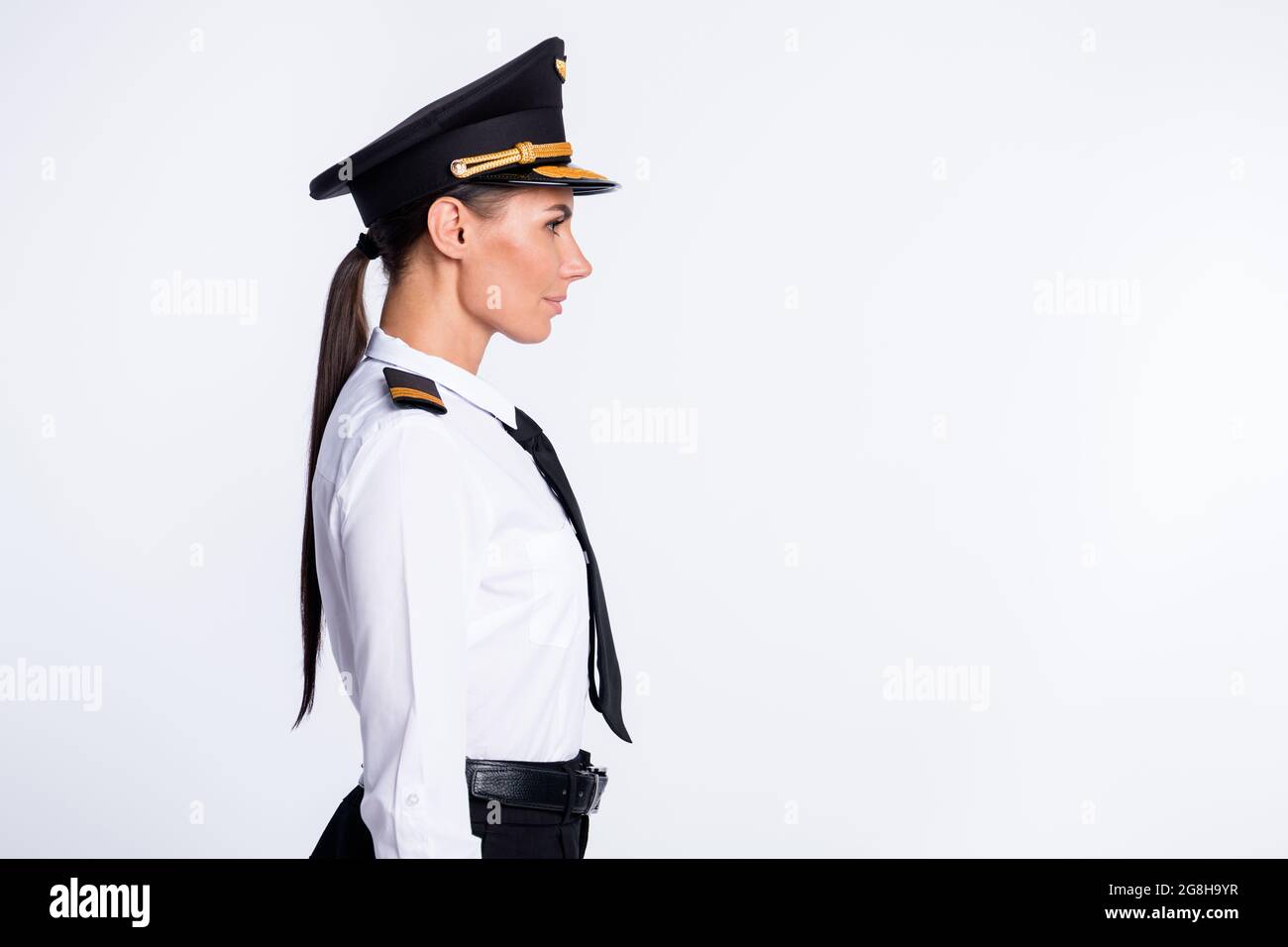 Profile photo of pretty successful lady look empty space wear hat ...