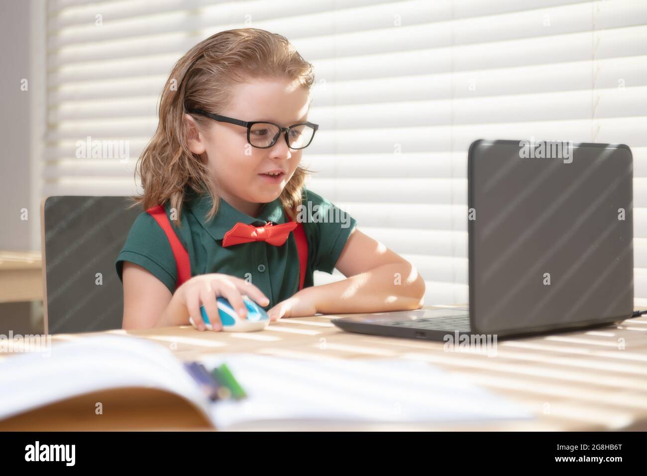 Smart school pupil kid virtual distance learning online, watching ...