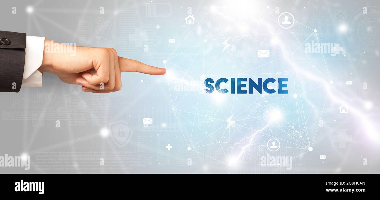 Hand pointing at inscription concept Stock Photo - Alamy