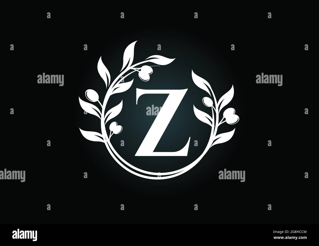 Initial letter Z sign symbol with olive branch wreath. Round floral ...