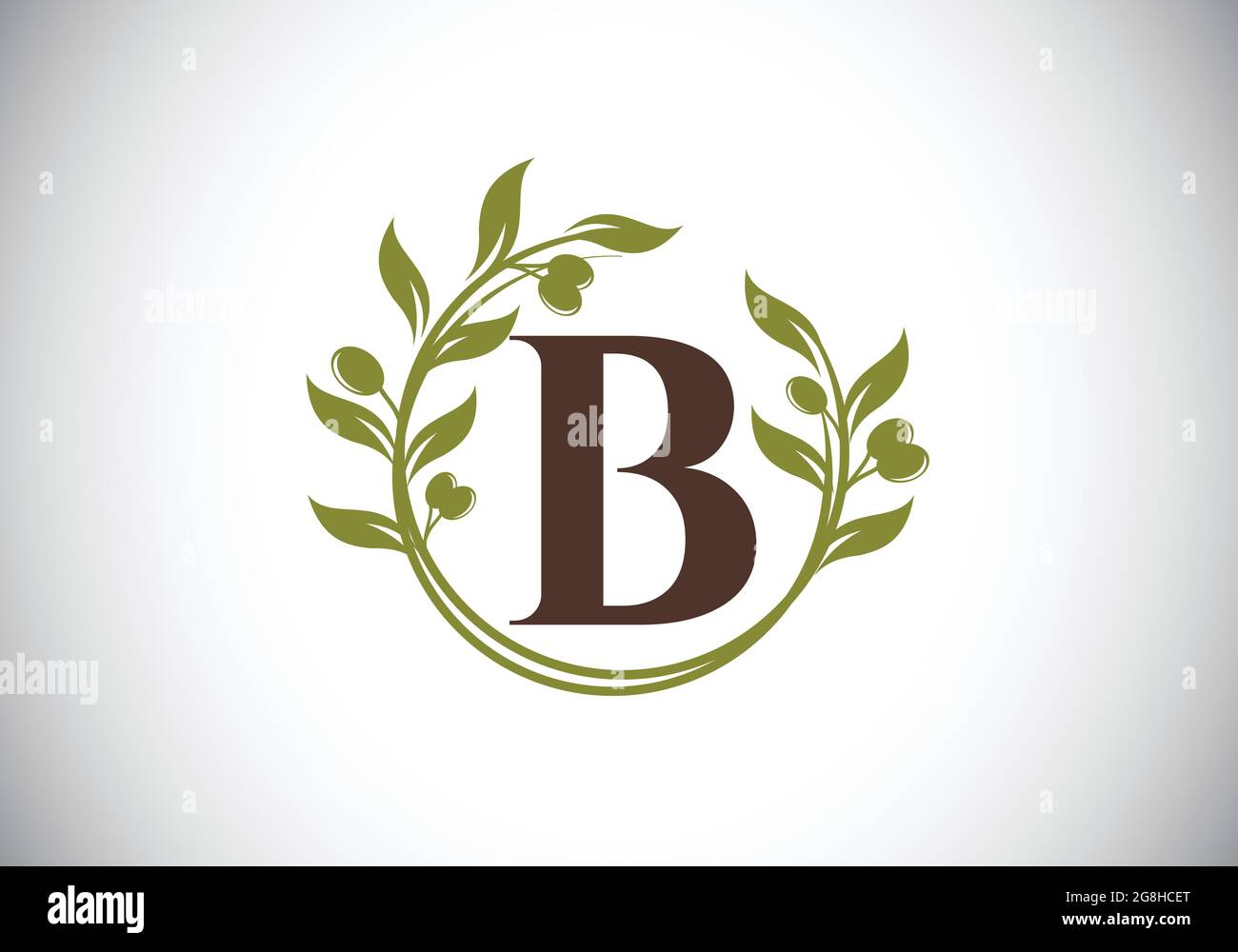 Initial letter B sign symbol with olive branch wreath. Round floral ...