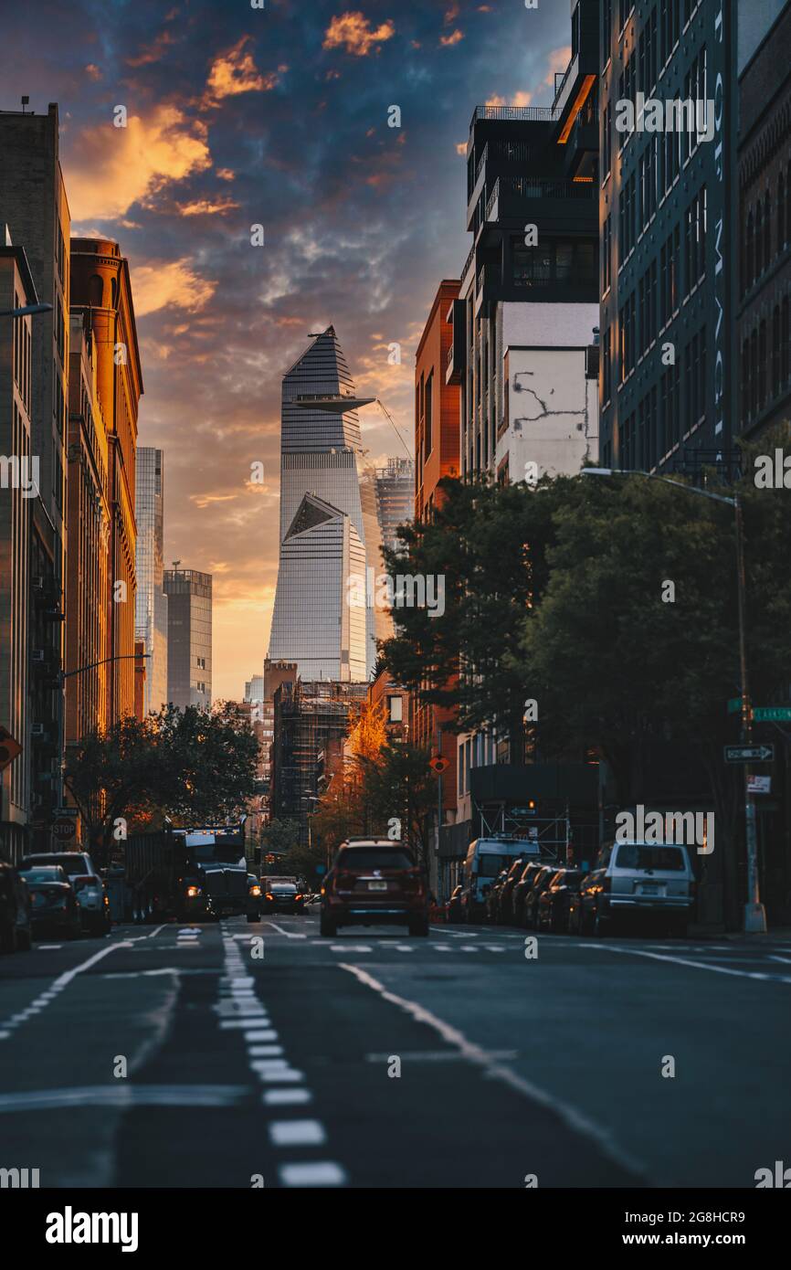 beautiful scene street New York City buildings cars traffic sky Stock ...